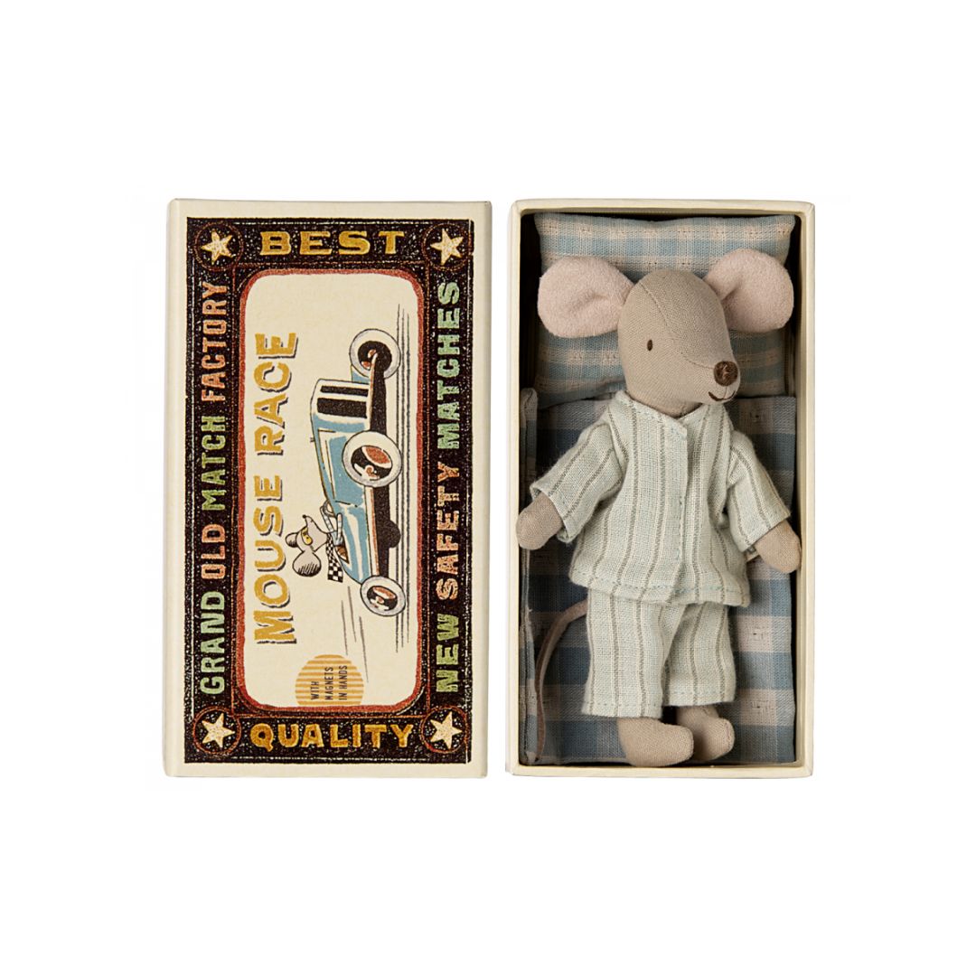 Maileg Big Brother Mouse in matchbox, Light Blue striped – Mouse in a Box